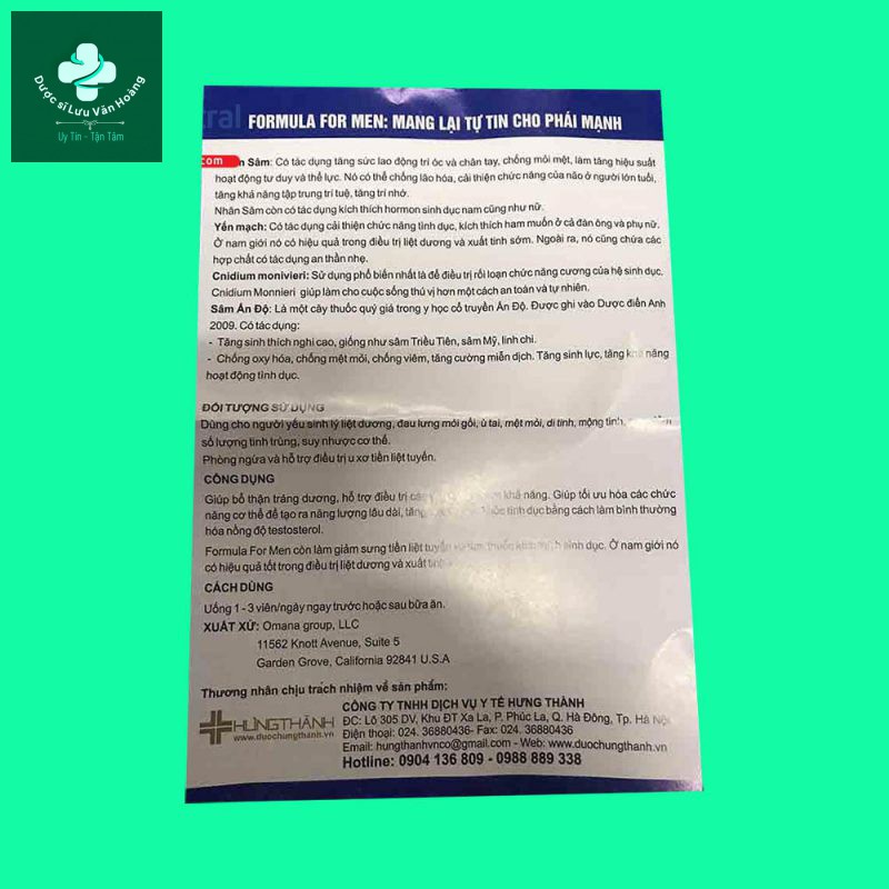 Thuốc Formula For Men cải thiện sinh lý - Dược sĩ Lưu Văn Hoàng