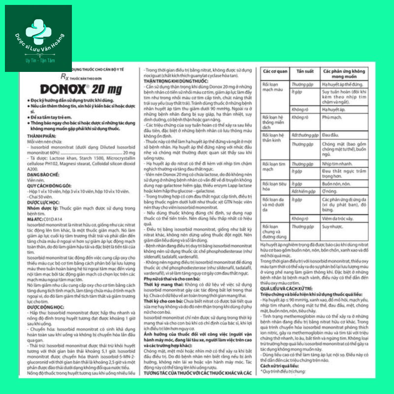Thuốc Donox 20mg - Điều trị hỗ trợ đau thắt ngực và suy tim sung huyết ...