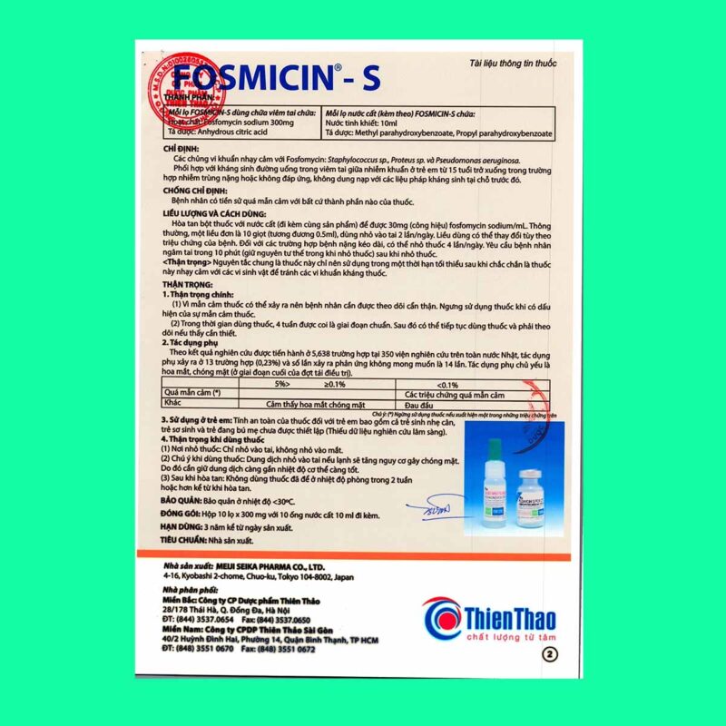 Thuốc Fosmicin-S For Otic Solvent nhỏ tai điều trị nhiễm khuẩn