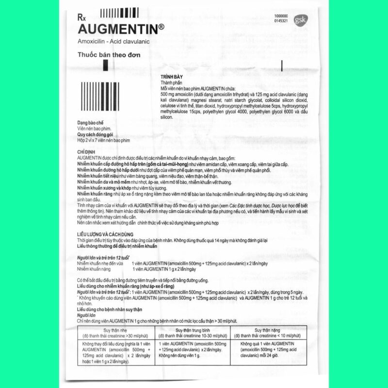 Thuốc Augmentin 625mg - Điều trị nhiễm khuẩn do vi khuẩn nhạy cảm ...