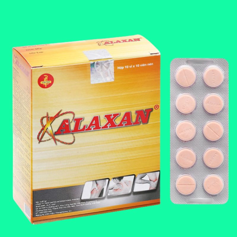 Thuốc Alaxan hộp 100 viên có tác dụng giảm đau và hạ sốt
