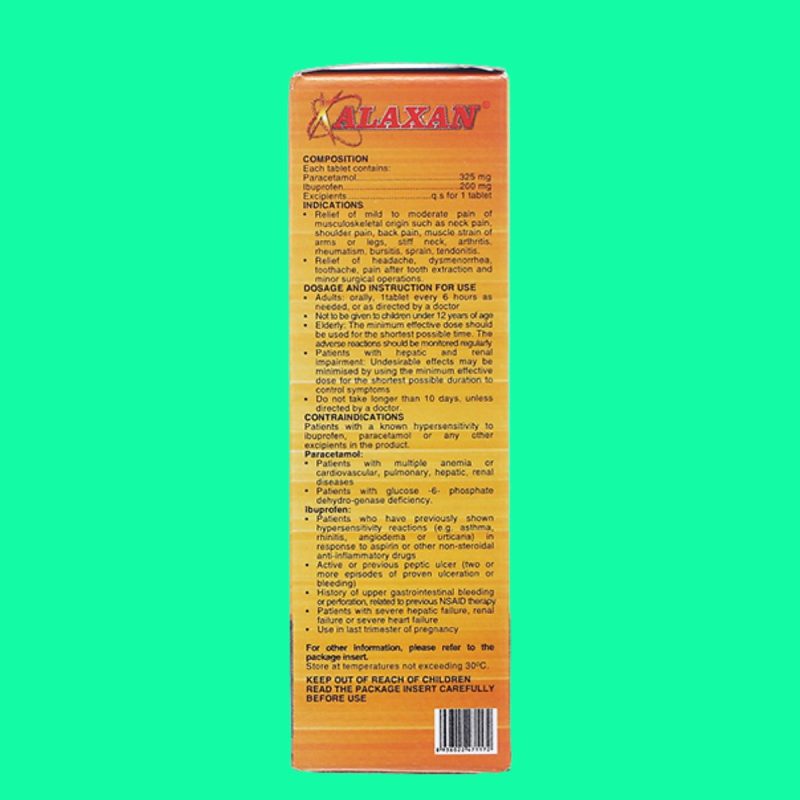 Thuốc Alaxan hộp 100 viên có tác dụng giảm đau và hạ sốt