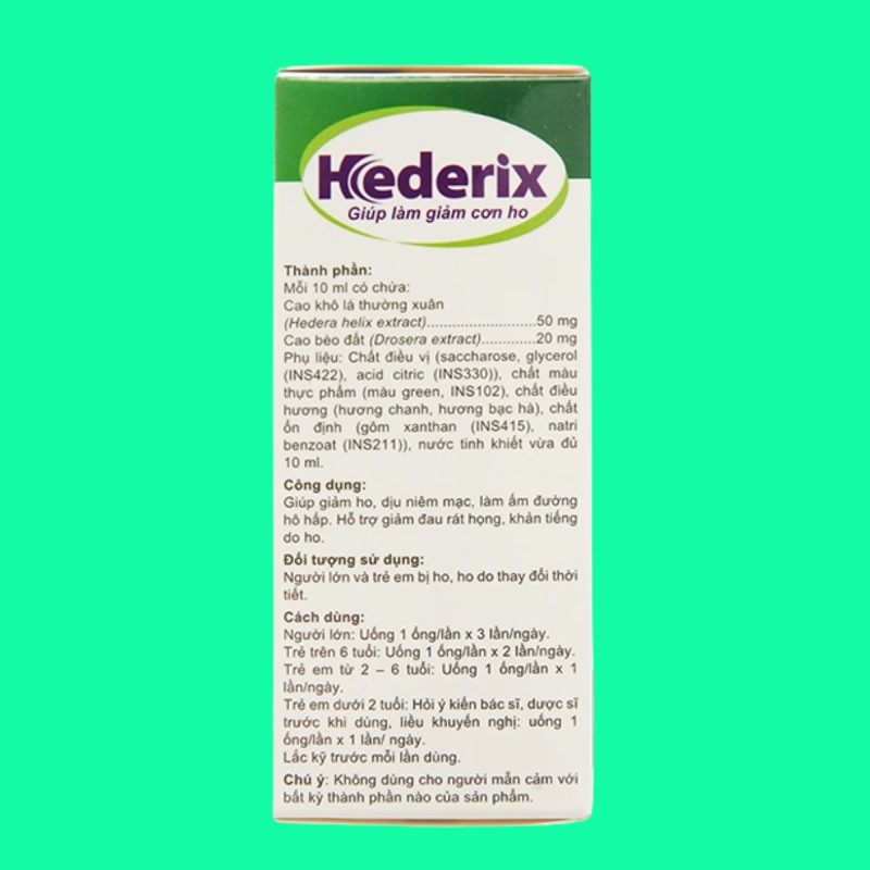 Hederix ống 10ml có tác dụng giúp làm diụ cổ họng, giảm các cơn ho